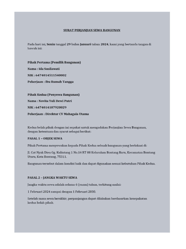 Surat Perjanjian Sewa Bangunan | PDF
