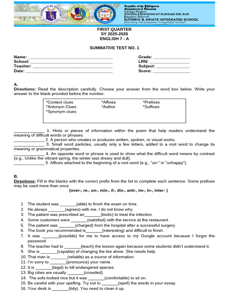 English 7 Summative Test 1 Guide | PDF | Poetry | Word
