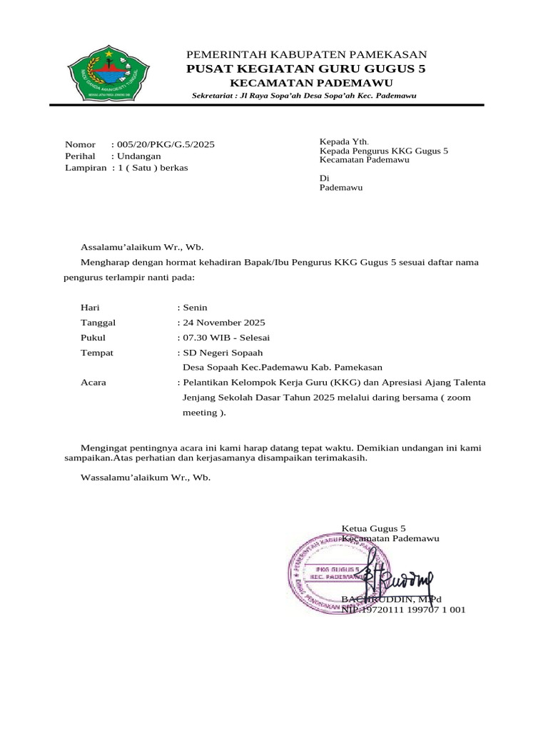 Undangan Pengurus KKG Gugus 5 | PDF