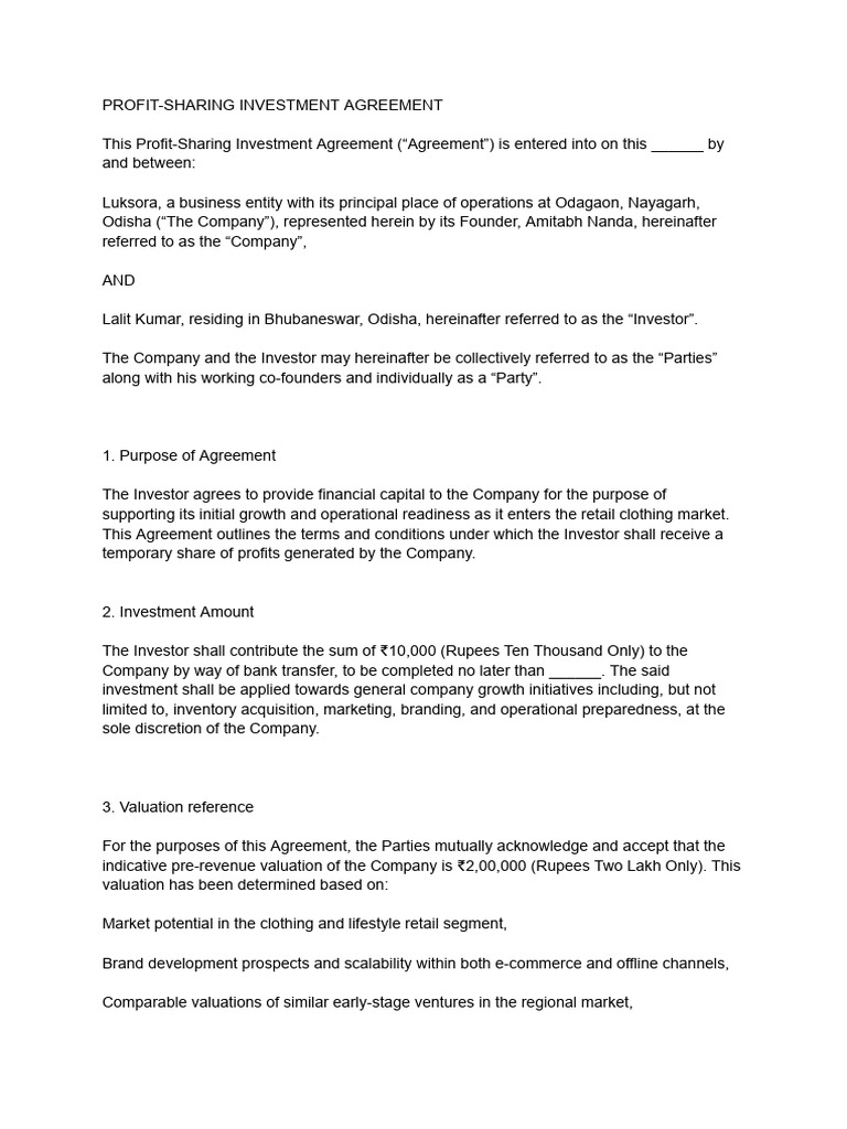Profit-Sharing Investment Agreement | PDF | Taxes | Expense