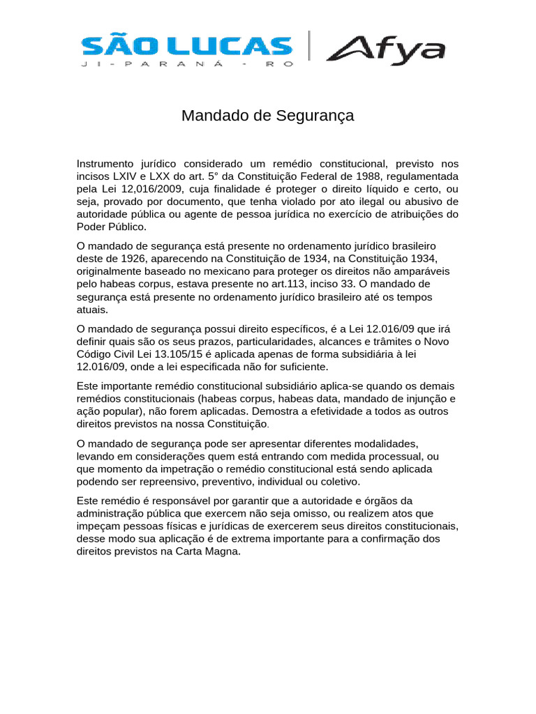 Mandado de Segurança: Definição e Aplicações | PDF | Mandamus | Habeas ...