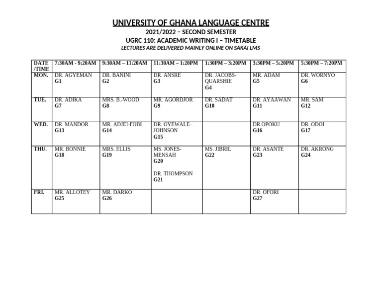 UGRC 110 Academic Writing Timetable | PDF