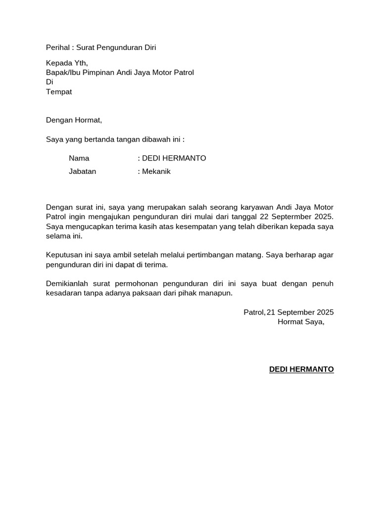 Surat Pengunduran Diri Dedi Hermanto | PDF
