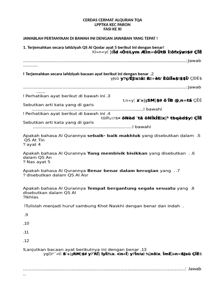 Cerdas Cermat Al-Quran TQA FASI XI | PDF