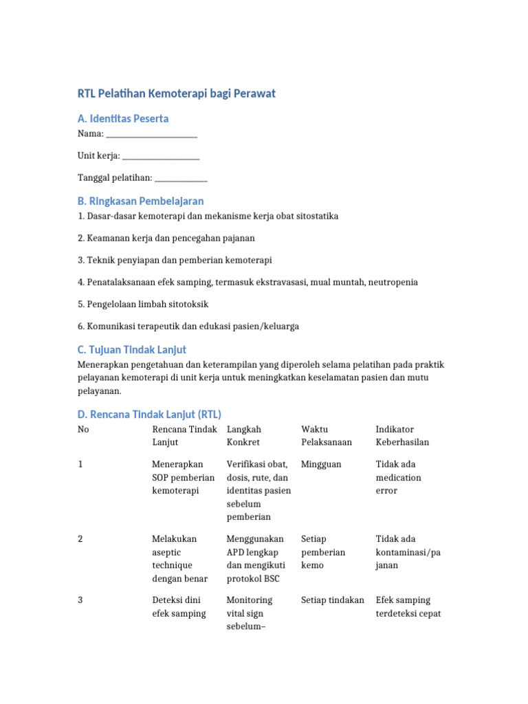 RTL Pelatihan Kemoterapi | PDF