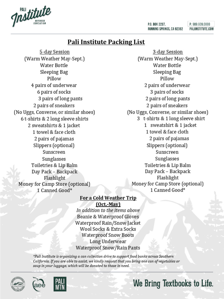 Essential Packing List for Pali Institute | PDF | Sock