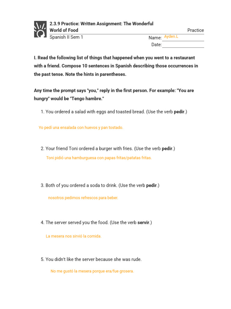 Spanish II Restaurant Experience Assignment | PDF