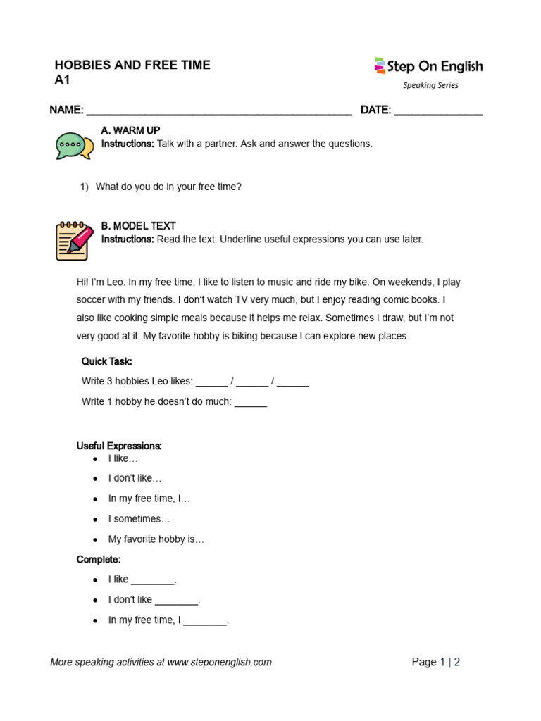 Hobbies and Free Time Speaking Activities | PDF