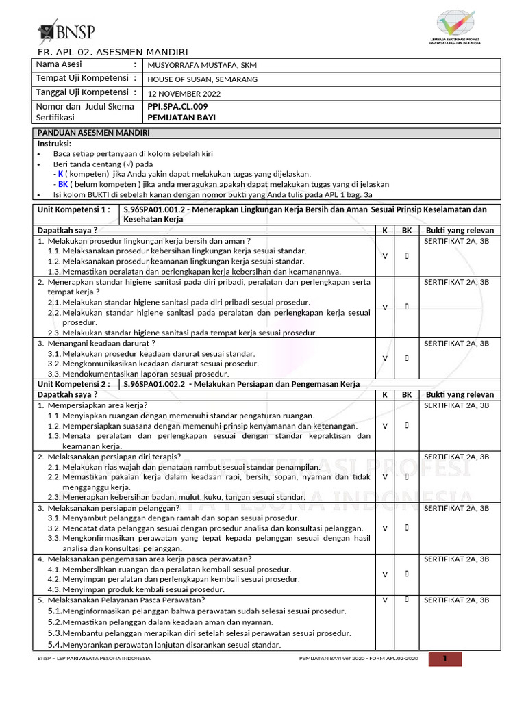 Form FR - Apl-02.2020 Asesmen Mandiri (Pijat Bayi) | PDF