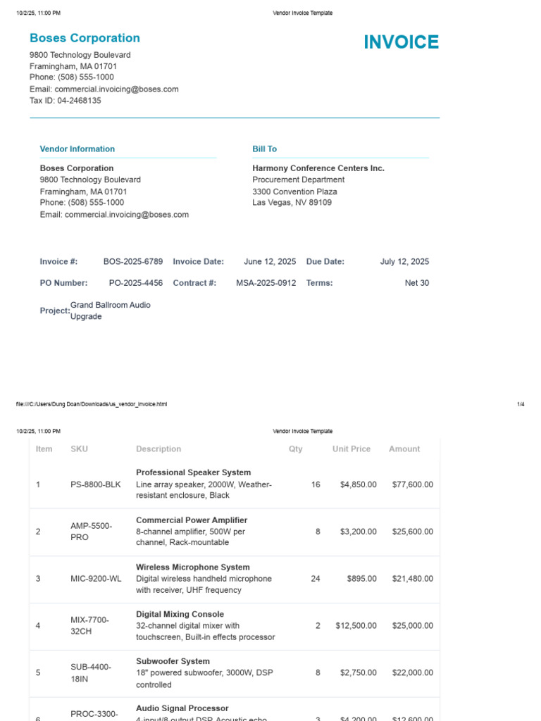 Boses Corporation Invoice | PDF | Invoice | Loudspeaker