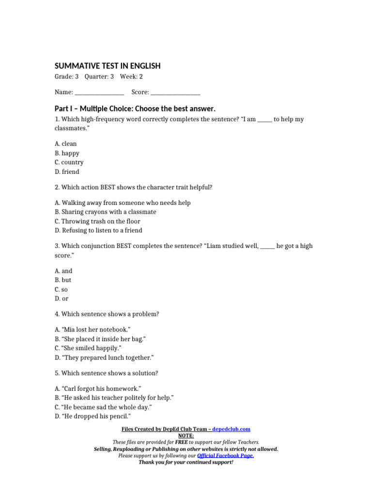 Summ - Test English 3 q3 w2 | PDF