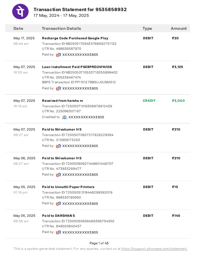 Transaction Statement for 9535858932 | PDF | Debit Card | Debits And ...