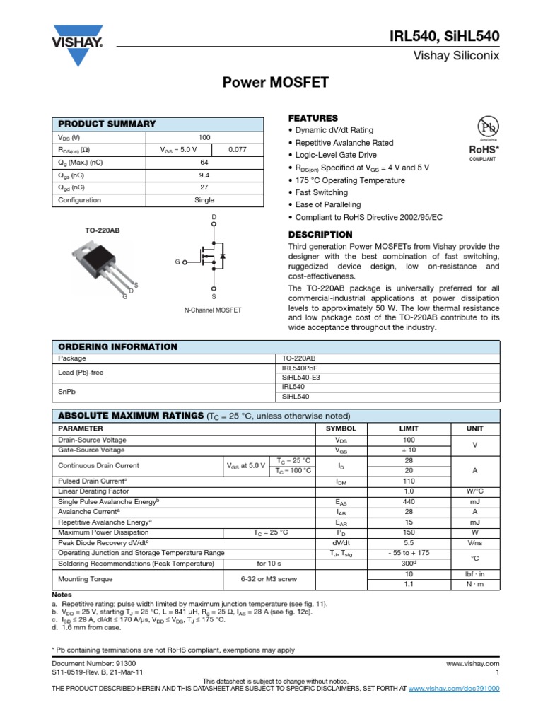Irl540, Sihl540: Vishay Siliconix | PDF | Field Effect Transistor | Diode