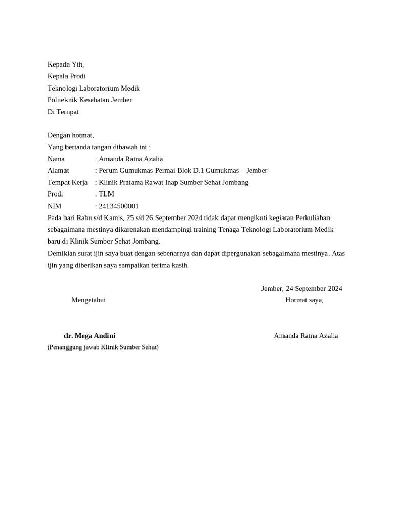 Surat Ijin Tidak Mengikuti Kegiatan Pkkmb | PDF