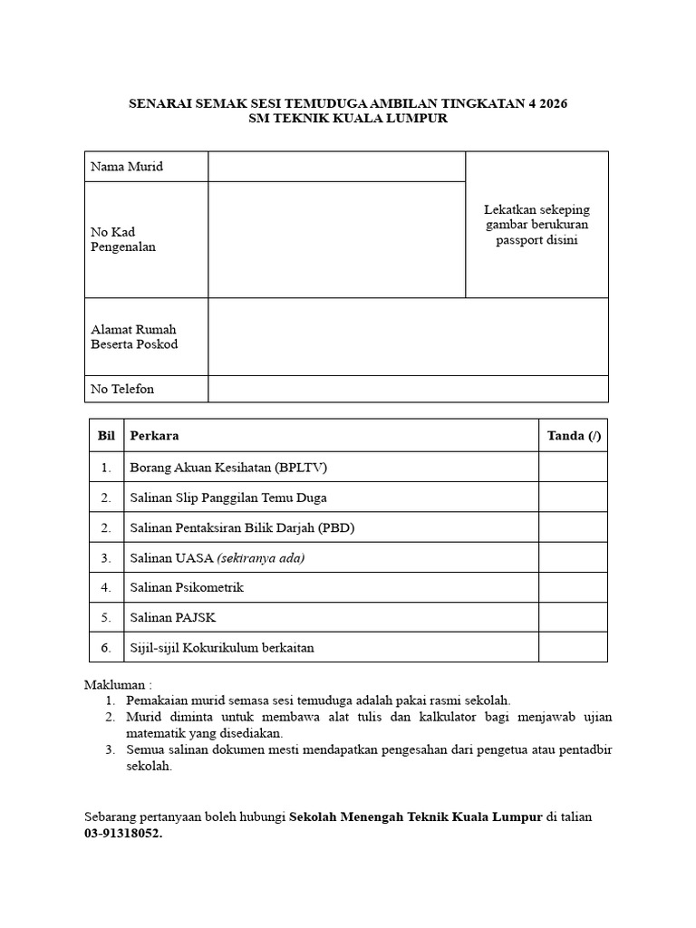 Senarai Semak Sesi Temuduga Ambilan Tingkatan 4 2026 | PDF