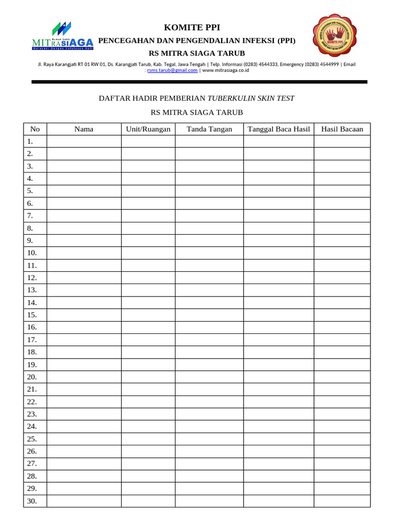 Daftar Hadir Pemberian Tuberkulin Skin Test | PDF
