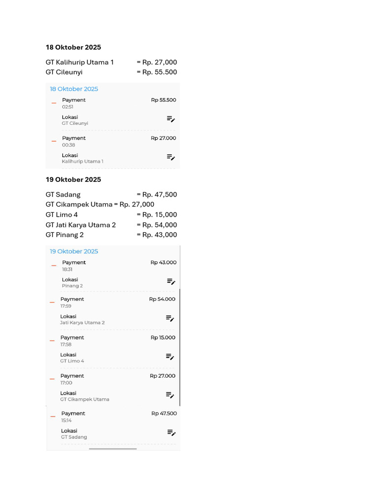 Toll Receipt 18 & 19 Oct 2025 | PDF
