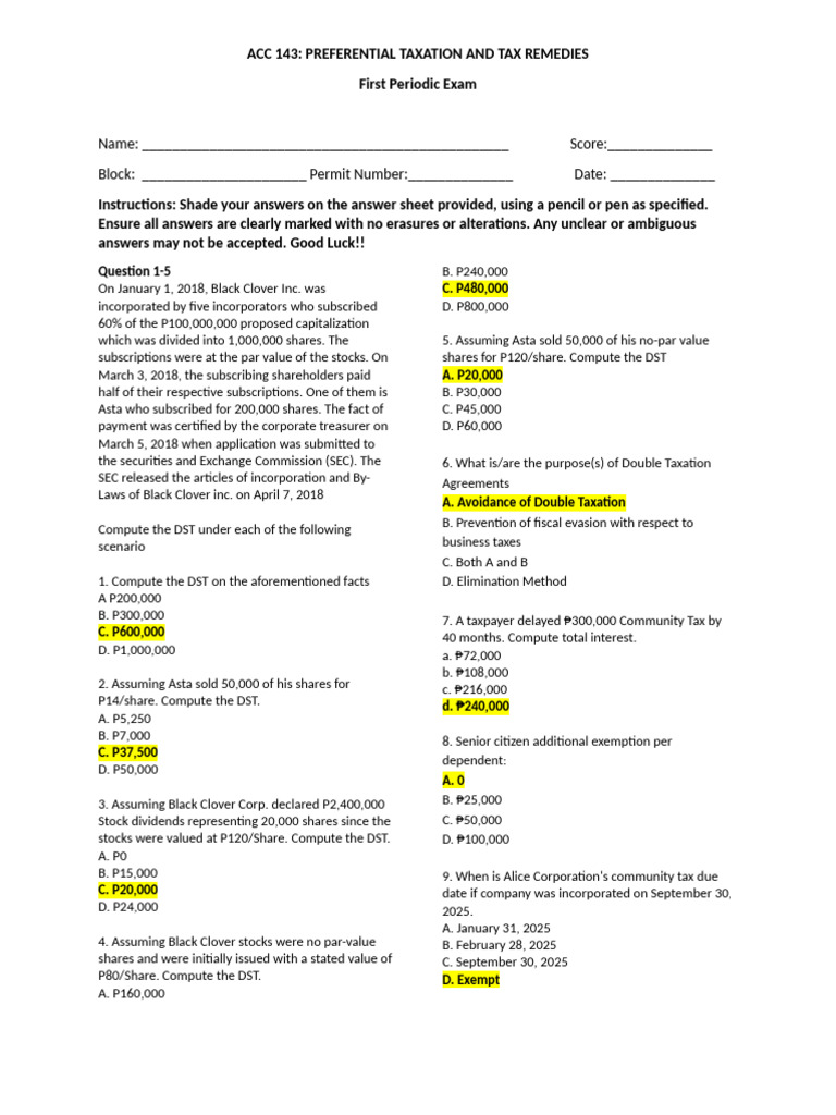 ACC 143 Preferential Taxation Exam P2 Key Answer | PDF | Taxes | Double ...