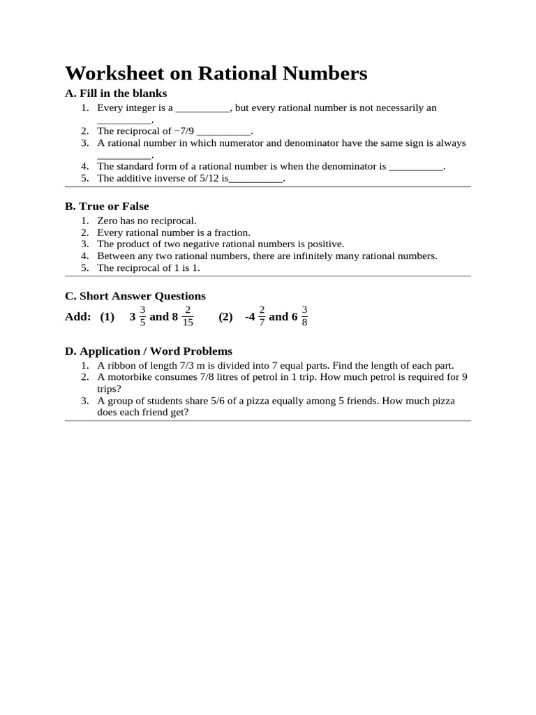 Worksheet - Rational Numbers | PDF