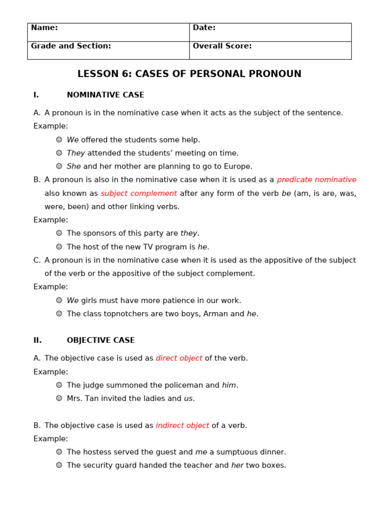 Understanding Personal Pronoun Cases | PDF | Subject (Grammar) | Verb