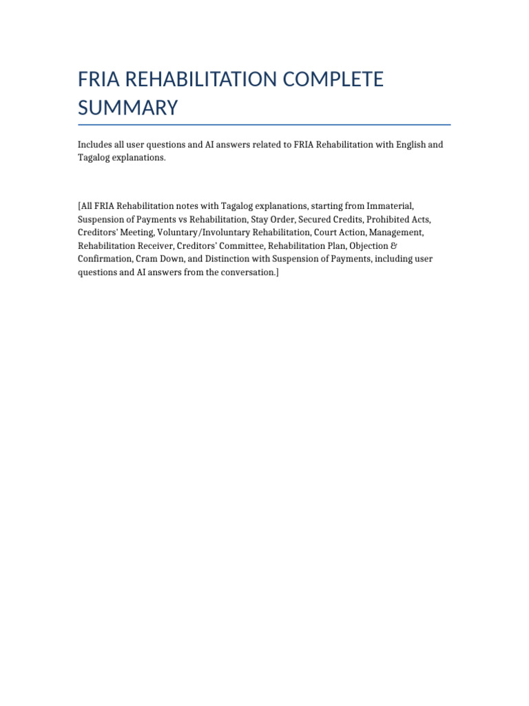 FRIA Rehabilitation Complete Summary | PDF