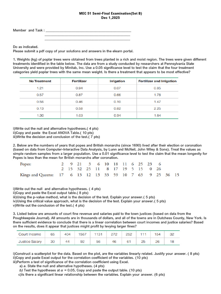 MEC 51 Semi-Final Exam Analysis Tasks | PDF | Statistics | Statistical ...
