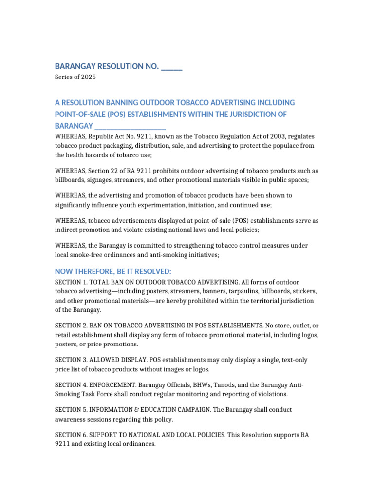 Barangay Resolution: Ban on Tobacco Ads | PDF | Advertising | Billboard