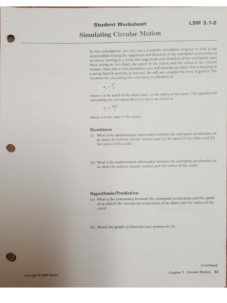 Simulating Circular Motion Worksheet | PDF