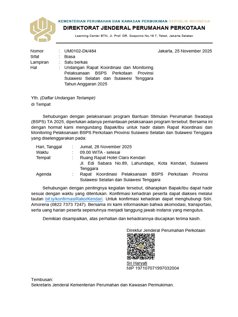 484. Undangan Rapat Koordinasi Dan Monitoring Pelaksanaan BSPS Perkotaan Provinsi Sulawesi ...