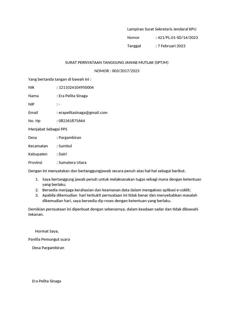 Lampiran Surat Sekretaris Jendaral KPU | PDF