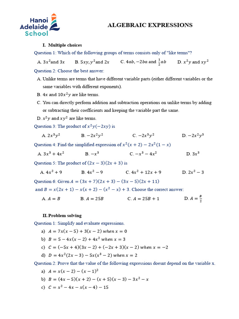 Algebraic Expressions Practice Quiz | PDF | Subtraction | Arithmetic