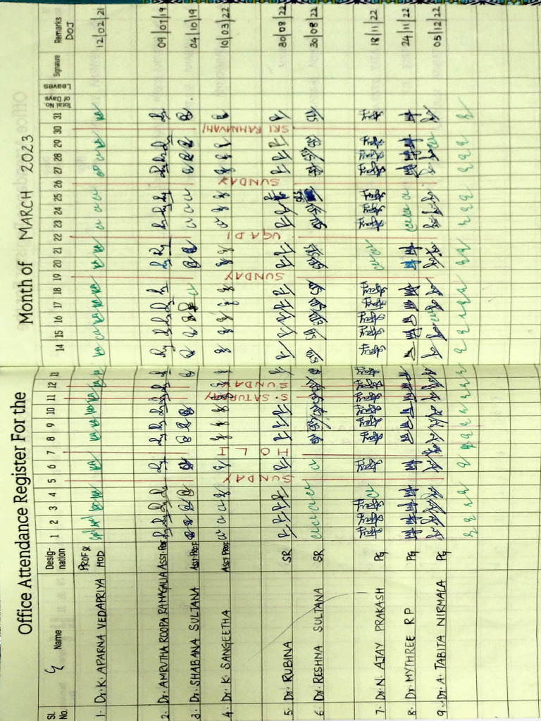 March 2023 Office Attendance Register | PDF