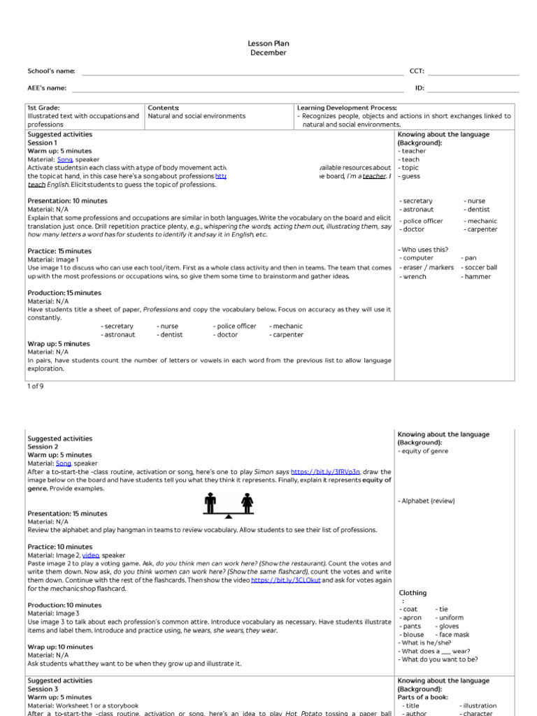 Lesson Plan 1st Grade Elementary | PDF