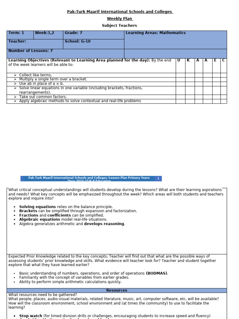 Grade 7 Algebra Weekly Lesson Plan | PDF | Equations | Algebra