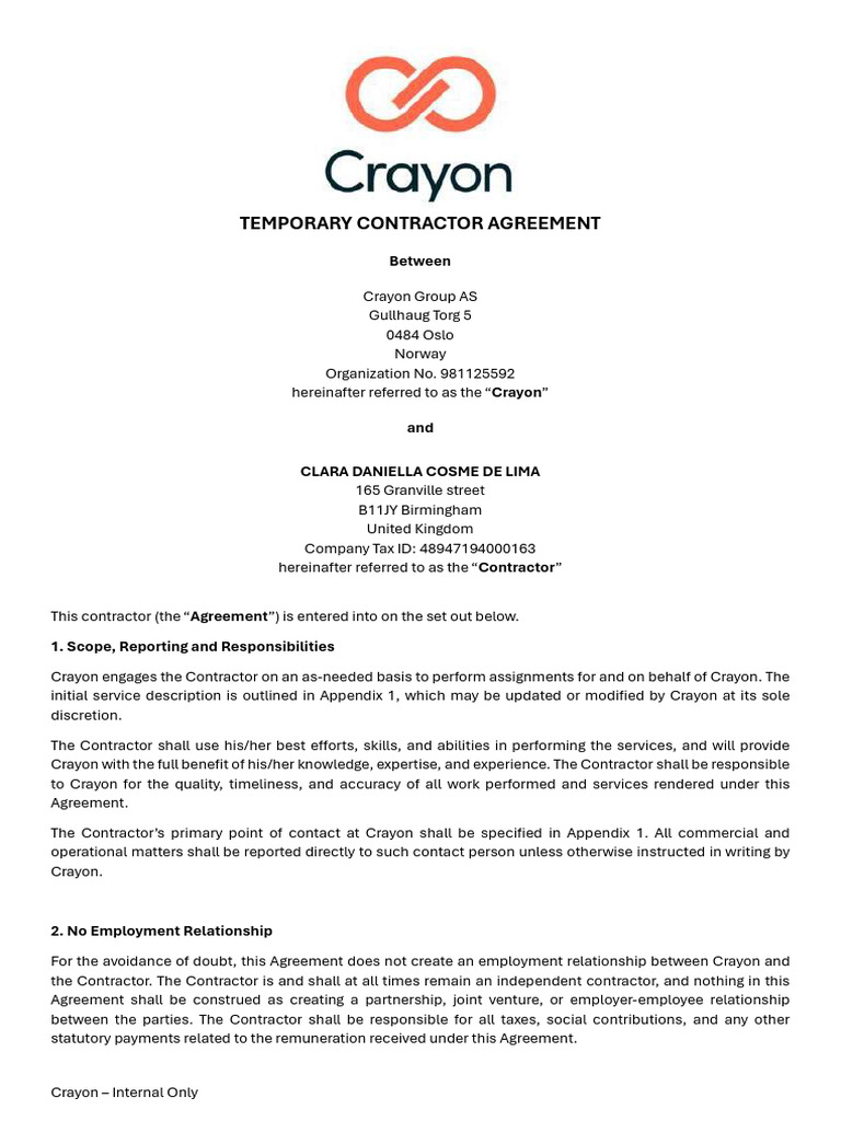 Crayon Contractor Agreement Overview | PDF | Trade Secret ...