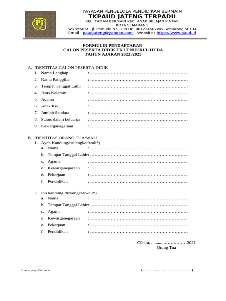 A.3.1 Formulir Pendaftaran Paud Tk Kb | PDF