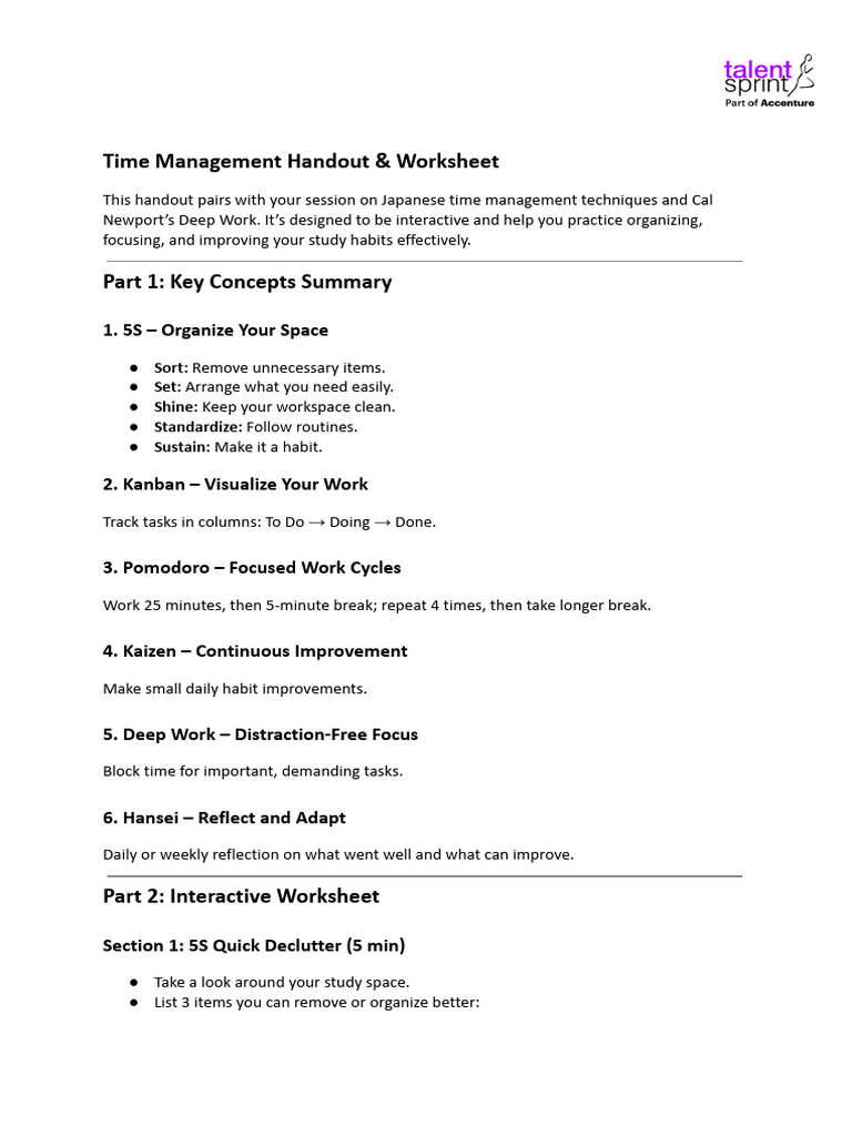 Time Management Handout Worksheet 2025 | PDF