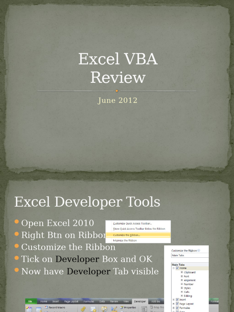 Excel VBA Review | PDF | Microsoft Excel | Visual Basic For Applications