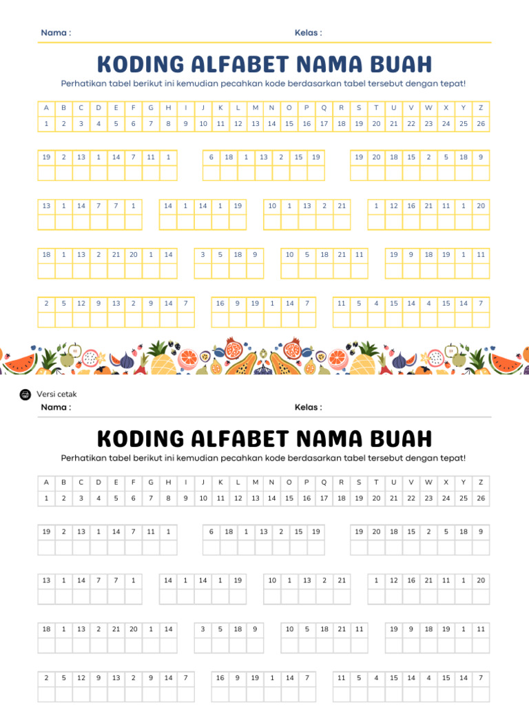 Koding Alfabet Nama Buah Lembar Kerja Biru Kuning Ilustratif | PDF