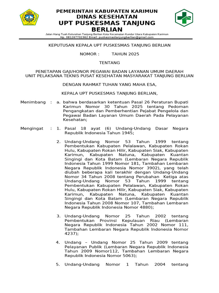 SK PENETAPAN GAJI PEGAWAI BLUD UPT PUSKESMAS (1) | PDF