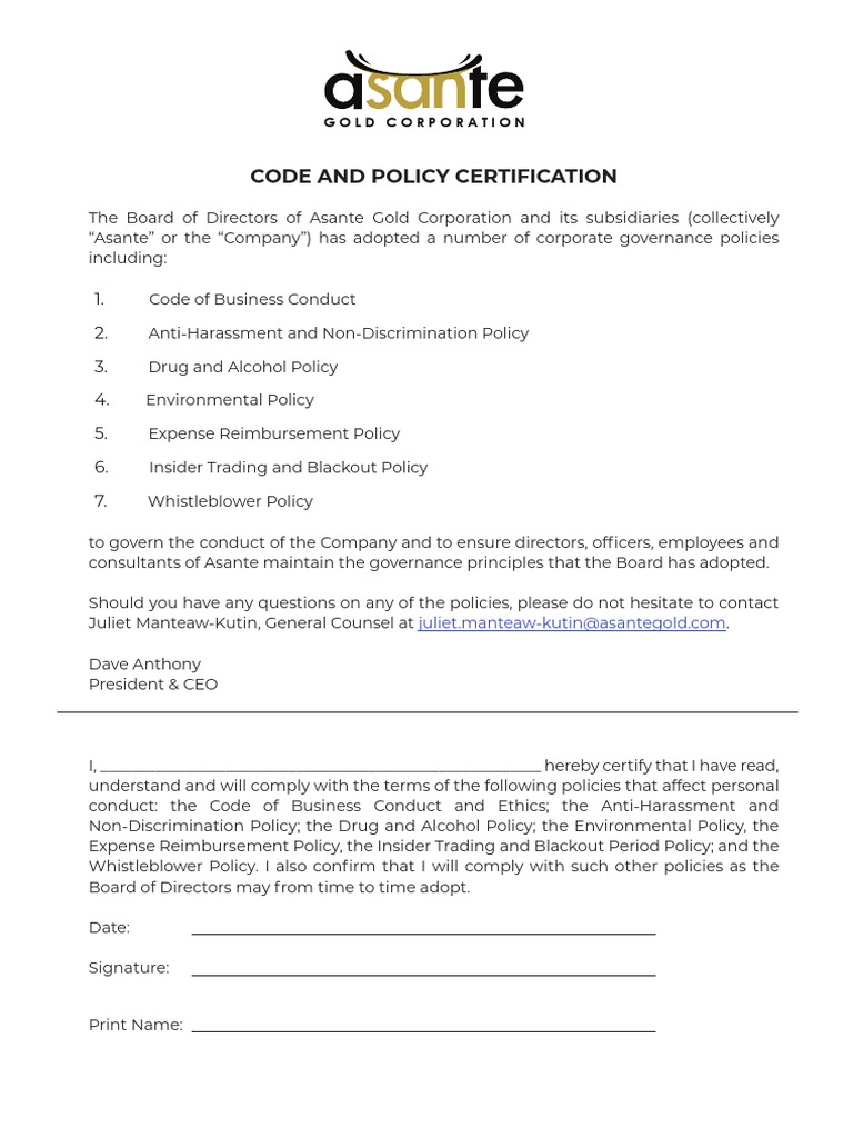 Asante Gold Corporate Governance Policies | PDF