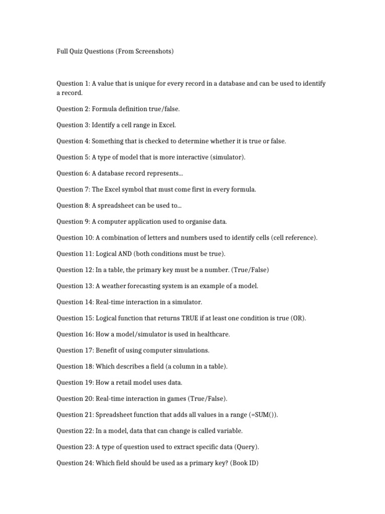 Database and Excel Quiz Questions | PDF