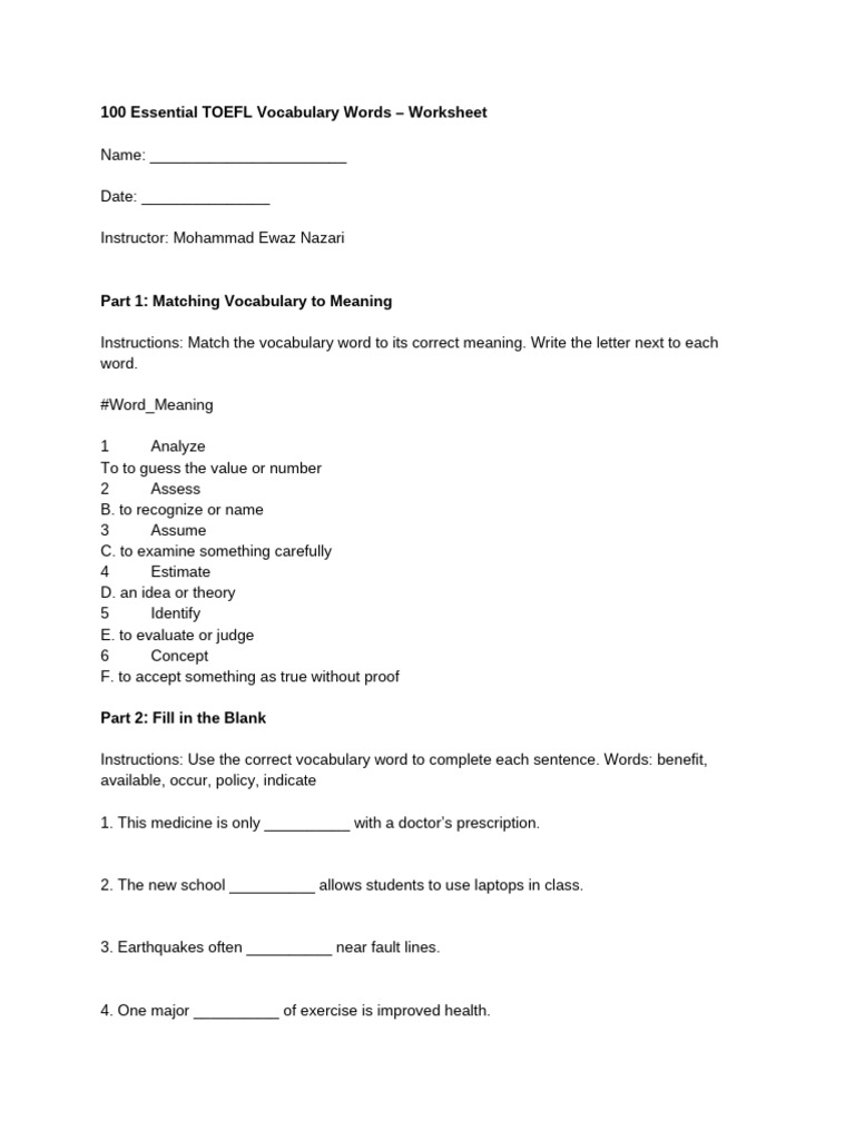 100 Essential TOEFL Vocabulary Words - Worksheet | PDF
