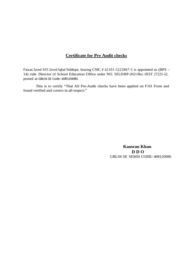 Pre-Audit Certificate for JEST Appointment | PDF