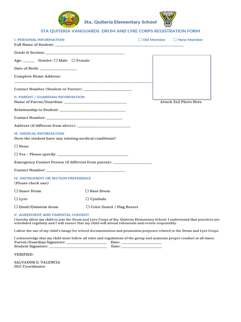 Sta. Quiteria Drum and Lyre Registration Form | PDF