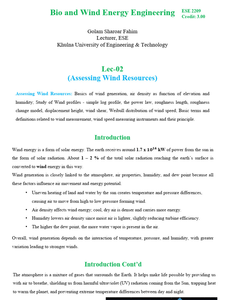 Lecture 02 Assessing Wind Resources | PDF | Atmosphere Of Earth | Humidity