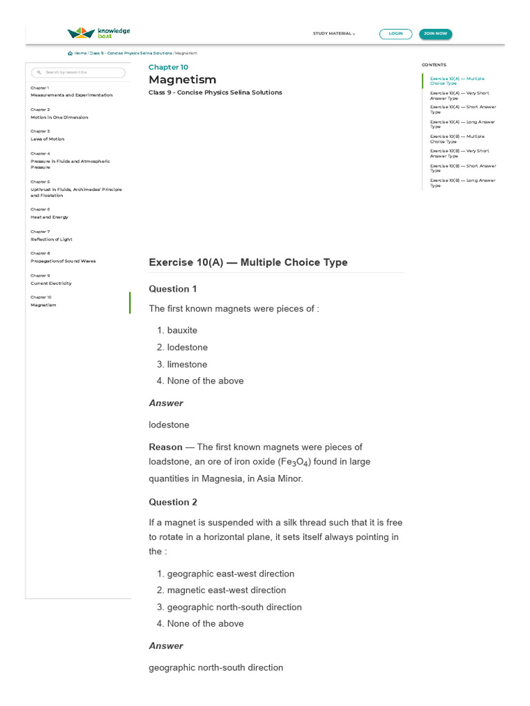 Class 9 Physics: Magnetism Solutions | PDF | Magnet | Magnetic Field