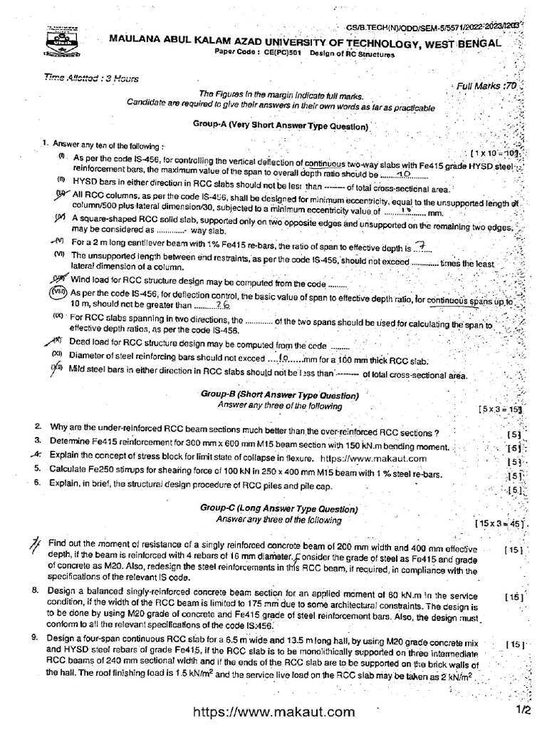 Btech Ce 5 Sem Design of RC Structures Ce PC 501 2023 | PDF