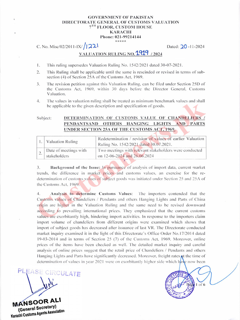 Valuation Ruling 1919 Against Chandeliers and Lightings in Pakistan ...
