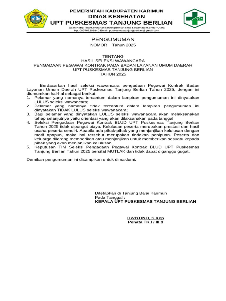 Pengumuman Seleksi Wawancara Blud | PDF